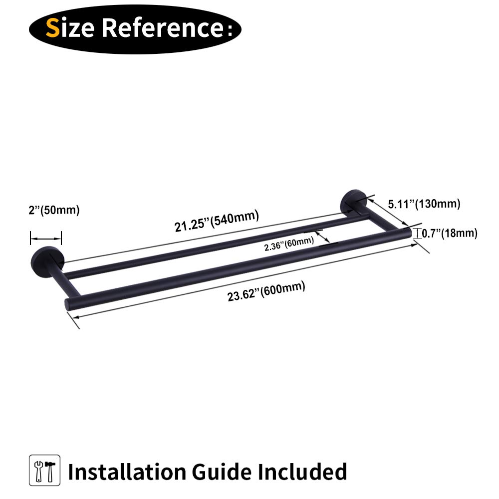 BEIGEEWY Double Bath Towel Bar 24-Inch Stainless Steel Towel Holder Modern Bathroom Accessories Wall Mounted, Matte Black