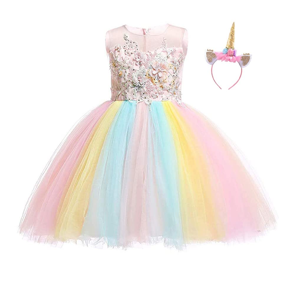 MYRISAM Princess Unicorn Rainbow Tulle Dress Girls Birthday Pageant Party Dance Performance Outfits Carnival Dress up Fancy Costume Multicolored 2-3T