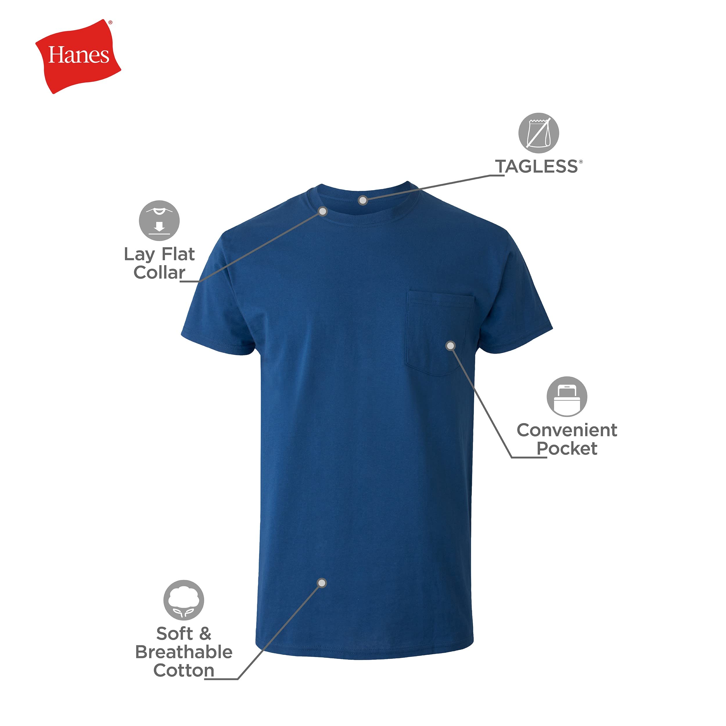 Hanes Mens Pocket T-shirt, Moisture-wicking Cotton Crewneck Tees, 6-pack Underwear, Assorted - 6 Pack, XX-Large US