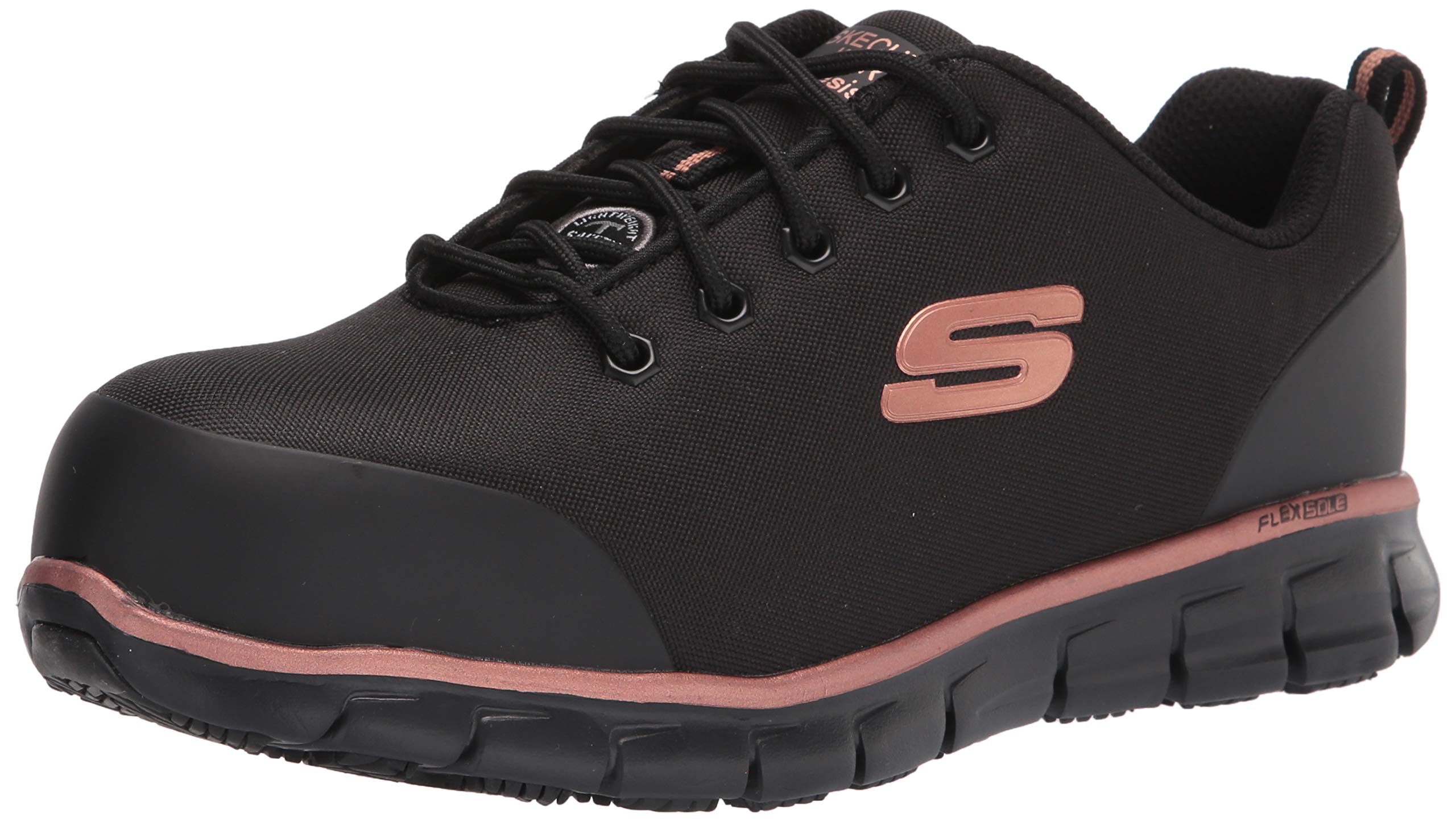 Skechers Women's Lace up Athletic Safety Toe Industrial Shoe, Black/Gold, 8