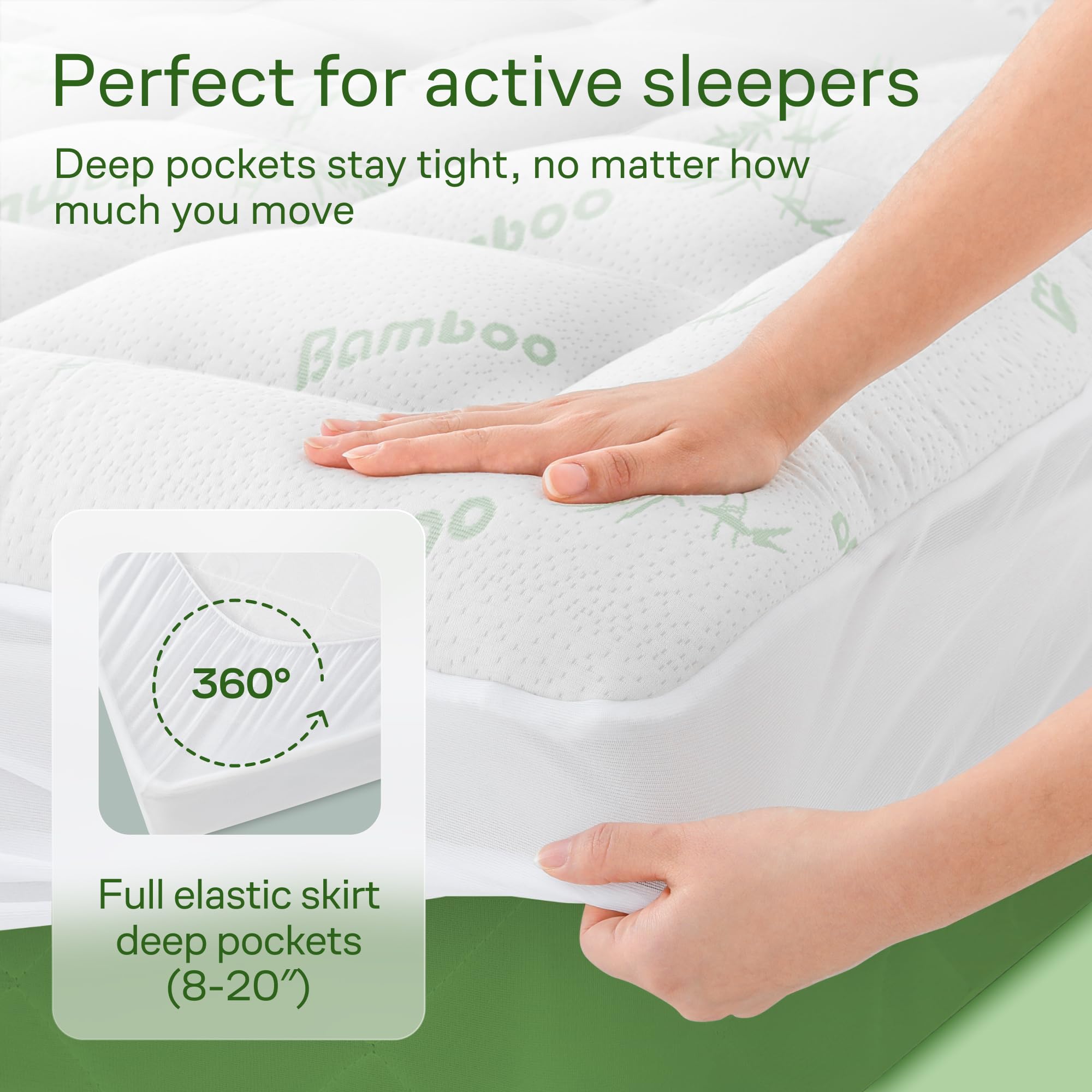 Ultra Soft Queen RV Size Mattress Topper - Viscose Made from Bamboo Pillow Top Mattress Pad for Back Pain Relief - Naturally Cooling for Hot Sleepers, Green