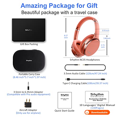 Srhythm NC35 Noise Cancelling Headphones Wireless Bluetooth 5.0, Fast Charge Over-Ear Lightweight Headset with Microphones, Mega Bass 50+ Hours’ Playtime