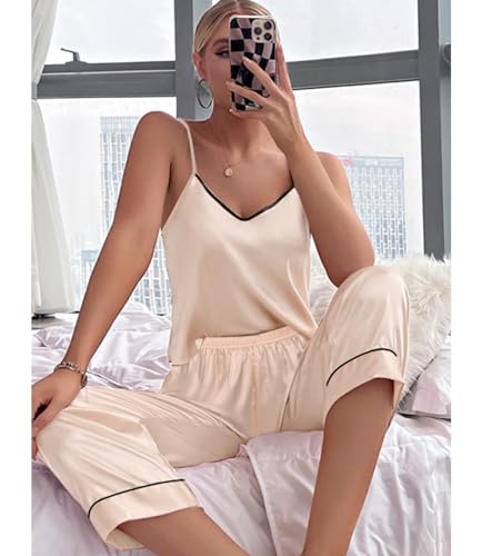 SWOMOG Womens Silk Satin Pajamas Set Two-Piece Pj Sets Cami Top and Capris Pants Sleepwear Champagne