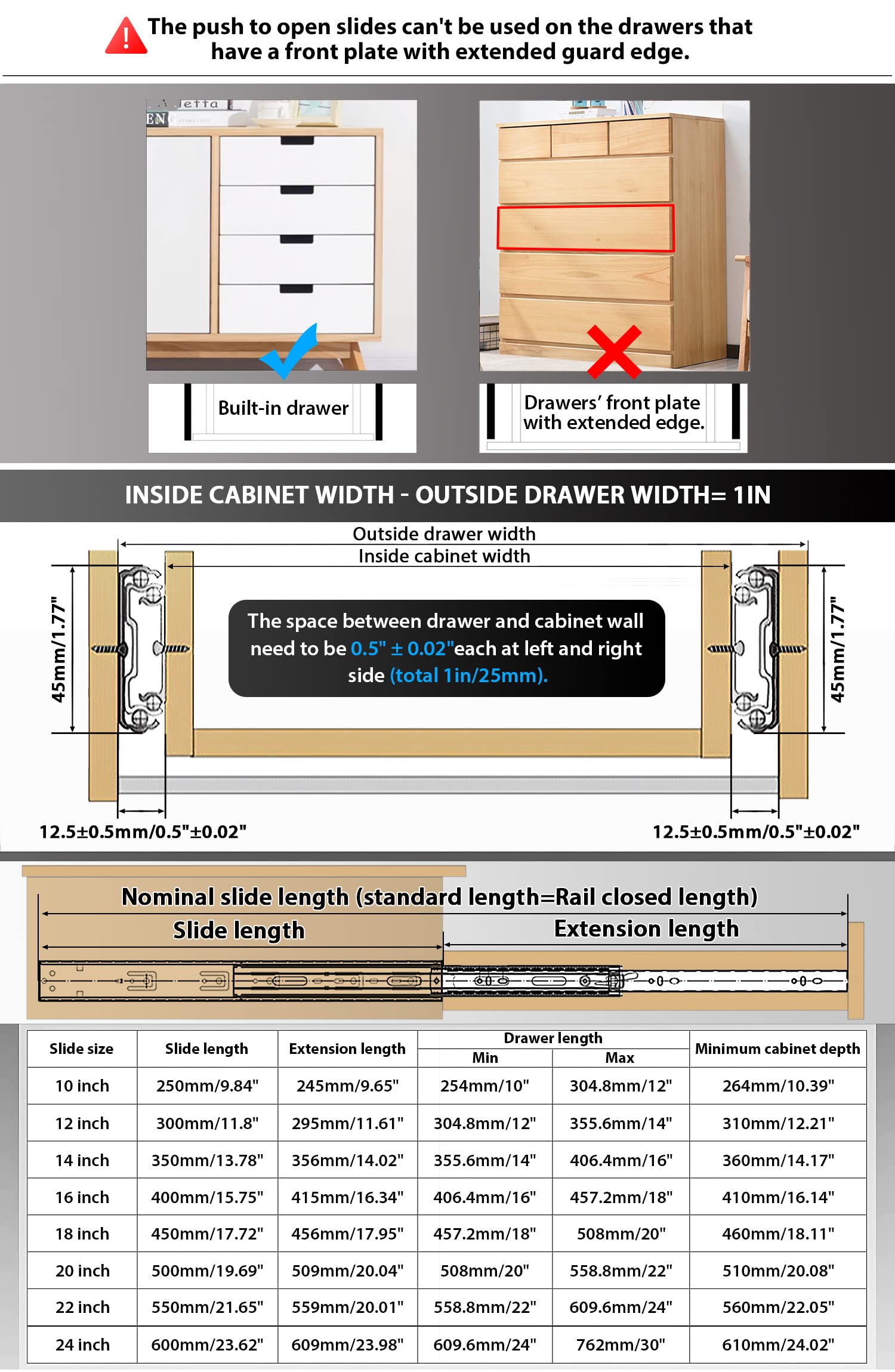 YENUO Push to Open Drawer Slides Full Extension Rail 12 14 16 18 20 22 24 inch handleless Side Mount Dresser Cabinet Bracket Replacement Ball Bearing Tracks kit Guide Runner 100lb 1Pair