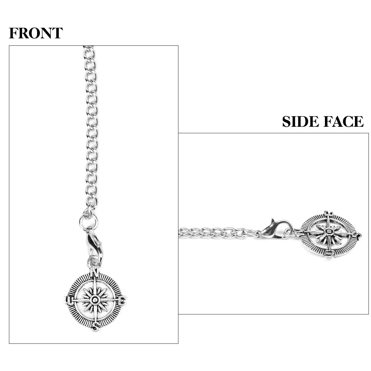 SIBOSUN Pocket Watch Albert Chain T Bar & Lobster Clasps Watch Chain Vest Chain for Men Curb Link Chain 2 Hooks with Antique Compass Pendant Design Charm Fob T-Bar Chain Silver