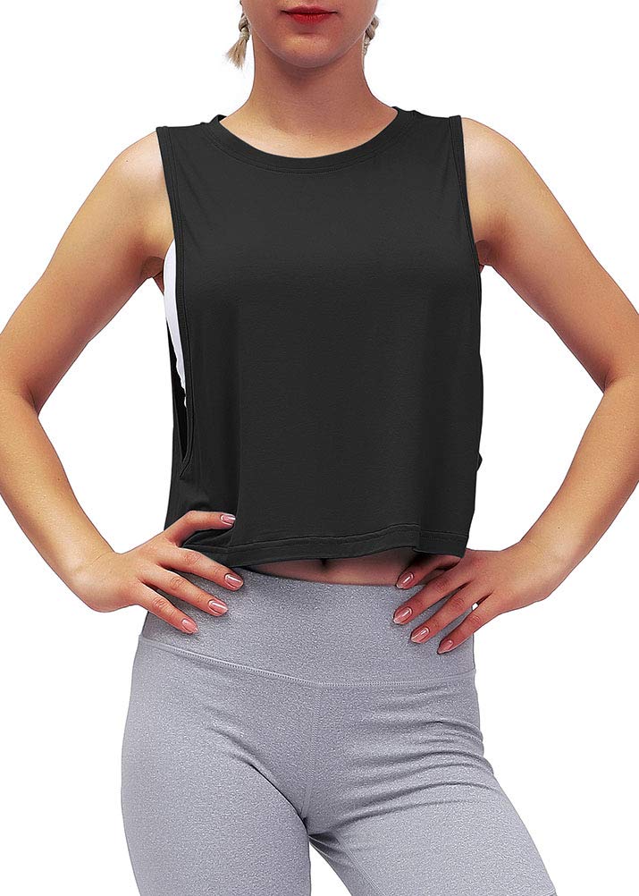 Mippo Cropped Workout Tops for Women Crop Top Workout Shirts Muscle Shirts Mesh Tank Athletic Clothes Active Wear Black M