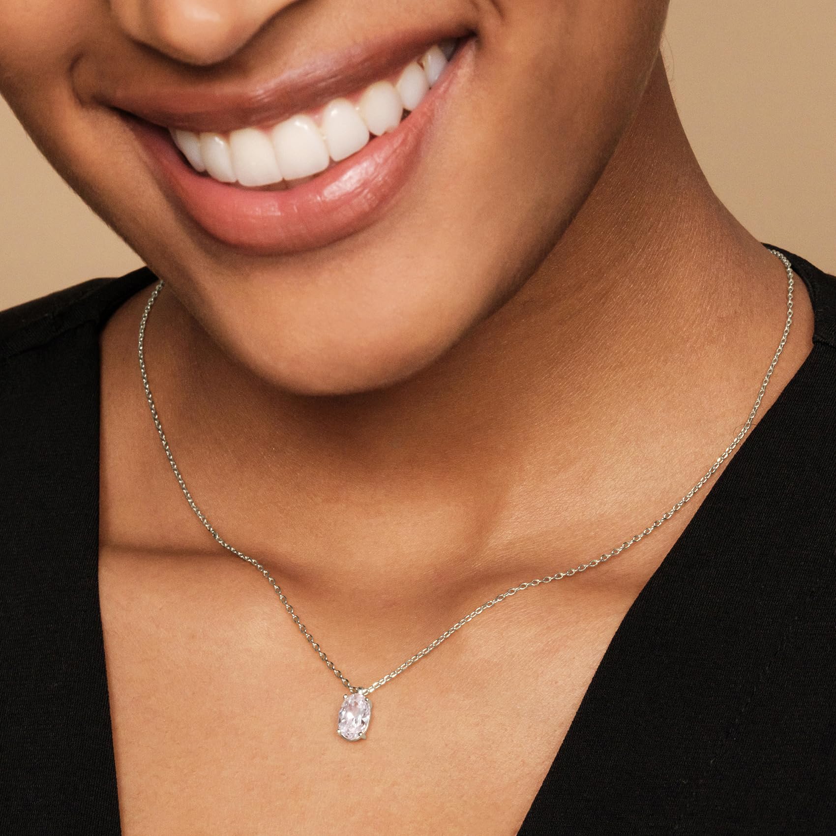 PAVOI 14K Gold Plated Sterling Silver Post Faux Diamond Oval Solitaire Pendant Halo Necklace in White Gold