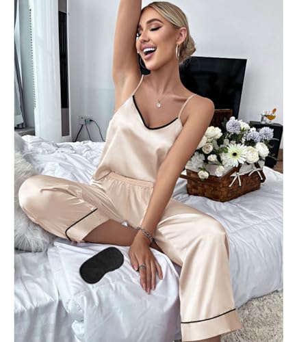 SWOMOG Womens Silk Satin Pajamas Set Two-Piece Pj Sets Cami Top and Capris Pants Sleepwear Champagne