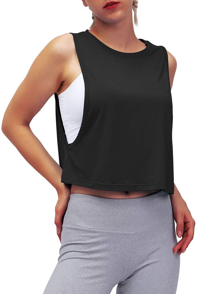 Mippo Cropped Workout Tops for Women Crop Top Workout Shirts Muscle Shirts Mesh Tank Athletic Clothes Active Wear Black M