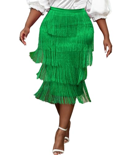AOMEI Women's Spring Green High Waist Fringe Tiered Bodycon Pencil Midi Skirt S