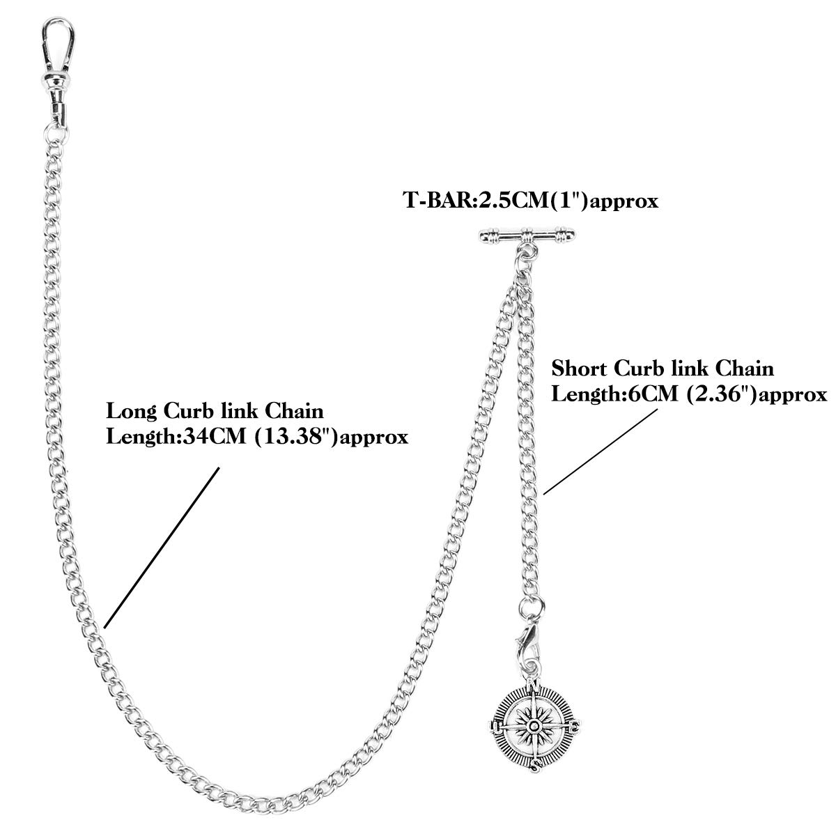 SIBOSUN Pocket Watch Albert Chain T Bar & Lobster Clasps Watch Chain Vest Chain for Men Curb Link Chain 2 Hooks with Antique Compass Pendant Design Charm Fob T-Bar Chain Silver