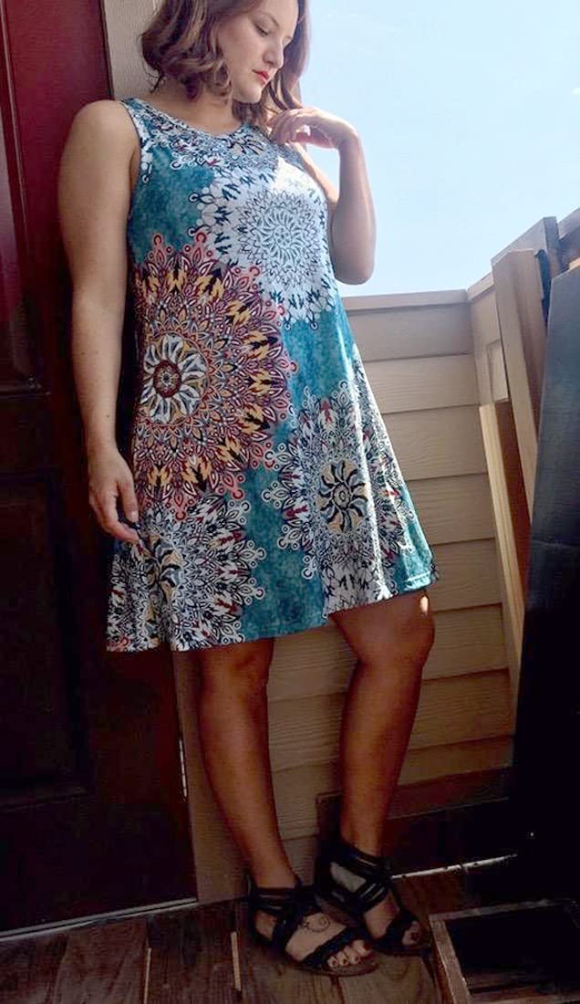 Boho Tshirt Dresses for Women Beach Casual Sleeveless Floral Shift Pockets Swing Loose (L,Bohemian Light Blue)