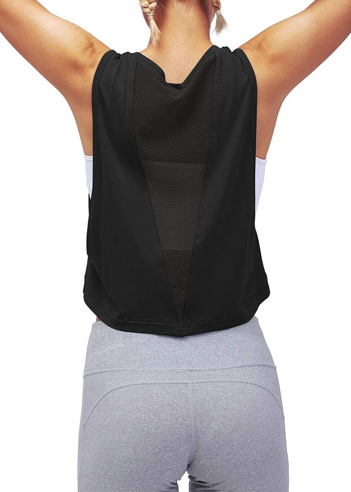 Mippo Cropped Workout Tops for Women Crop Top Workout Shirts Muscle Shirts Mesh Tank Athletic Clothes Active Wear Black M