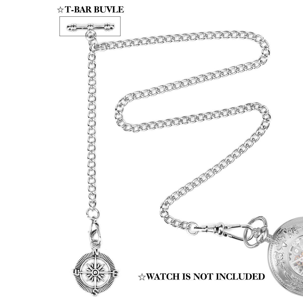 SIBOSUN Pocket Watch Albert Chain T Bar & Lobster Clasps Watch Chain Vest Chain for Men Curb Link Chain 2 Hooks with Antique Compass Pendant Design Charm Fob T-Bar Chain Silver
