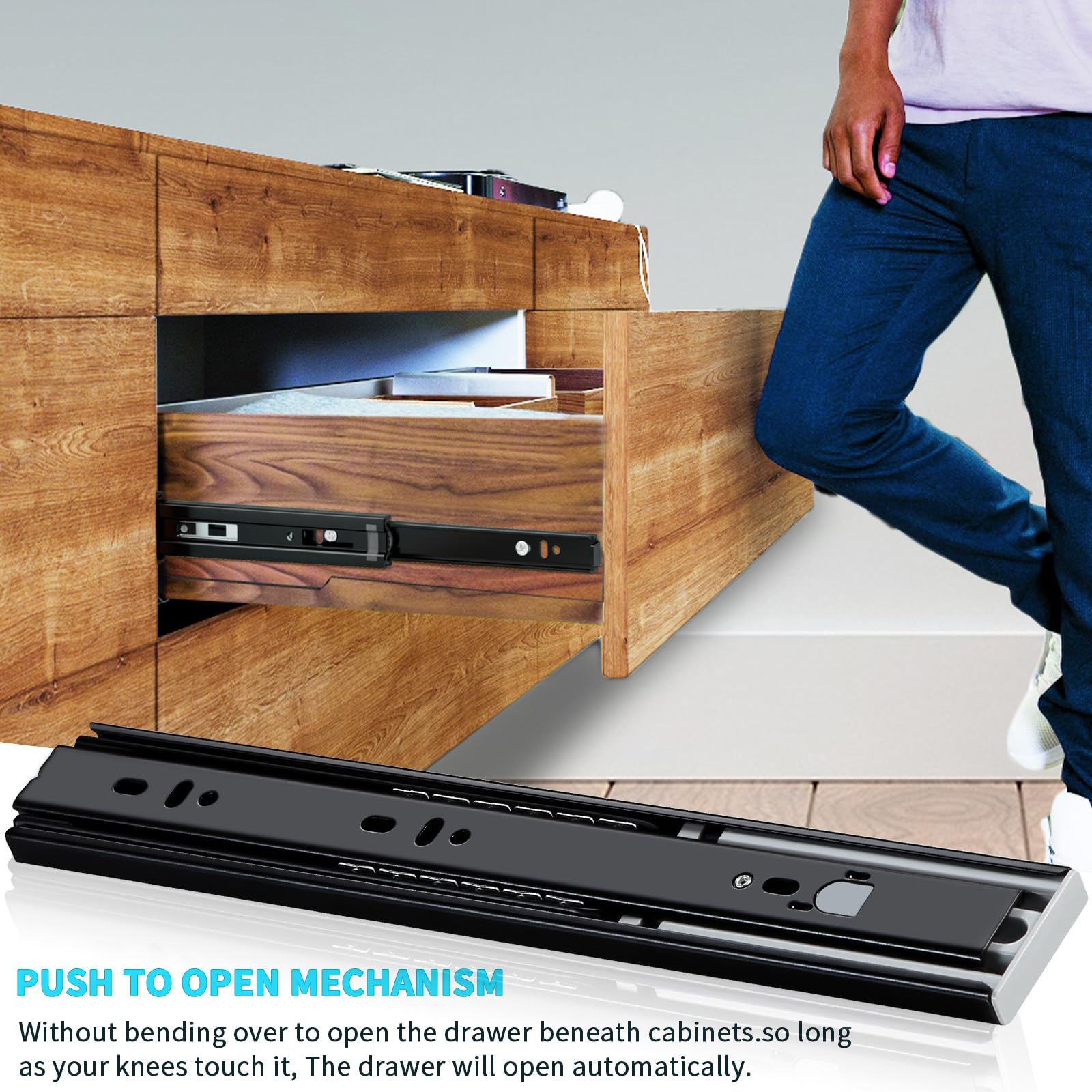 YENUO Push to Open Drawer Slides Full Extension Rail 12 14 16 18 20 22 24 inch handleless Side Mount Dresser Cabinet Bracket Replacement Ball Bearing Tracks kit Guide Runner 100lb 1Pair