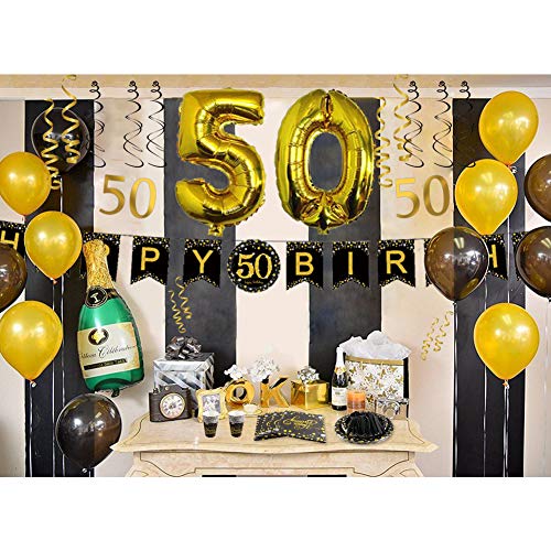 Rainmae 50th Birthday Party Supplies Tableware Set - Serves 16 Guest-Plates, Cups, Napkin, Knife, Spoon, Fork, Table Cloth, Sparkling Banner for 50 Years Old Party Decoration, 50th Wedding Anniversary