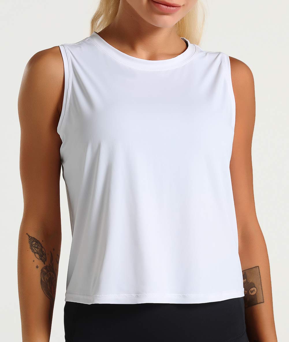 Dragon Fit Women Sleeveless Yoga Tops Workout Cool T-Shirt Running Short Tank Crop Tops (White, Medium)
