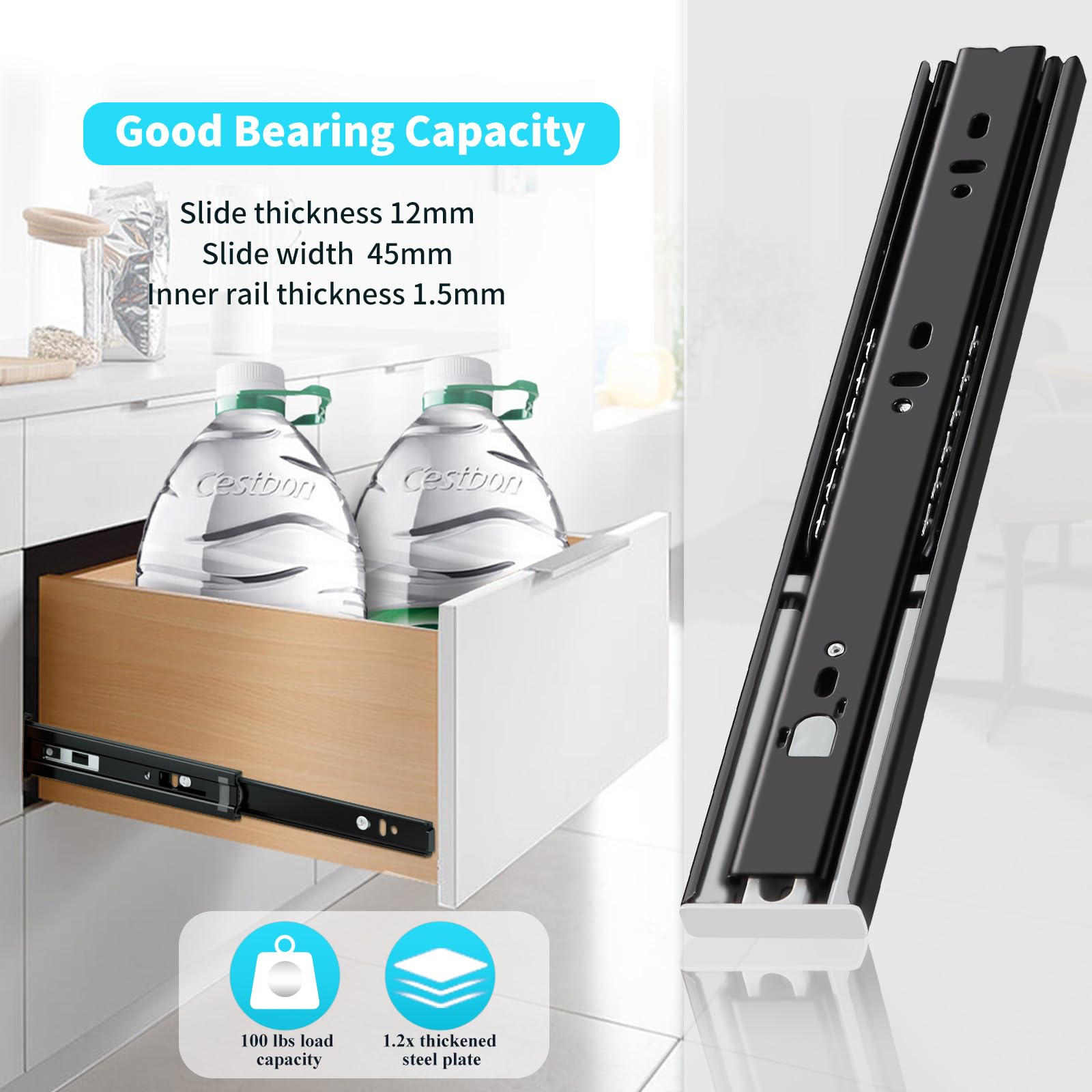 YENUO Push to Open Drawer Slides Full Extension Rail 12 14 16 18 20 22 24 inch handleless Side Mount Dresser Cabinet Bracket Replacement Ball Bearing Tracks kit Guide Runner 100lb 1Pair