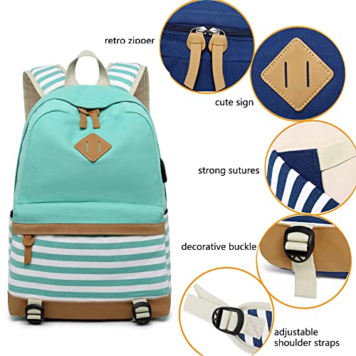 Sqodok Backpack for Teen Girls, Cute Casual Backpack with USB Charging Port, Lightweight Bookbag 15.6'' Laptop Backpack for Middle School High School, Green