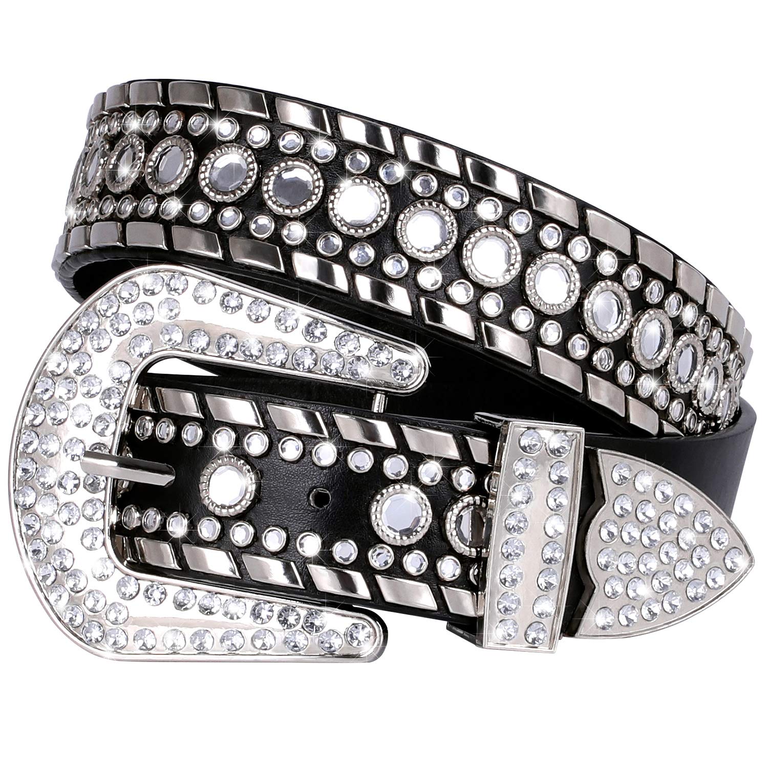 XZQTIVE Rhinestone Studded Western Leather Belt for Men - Women Ladies Vintage Cowgirl Cowboy Bling Design Waist Belts for Pants Jeans Dresses (Black, Fit pant 45-49 inch)