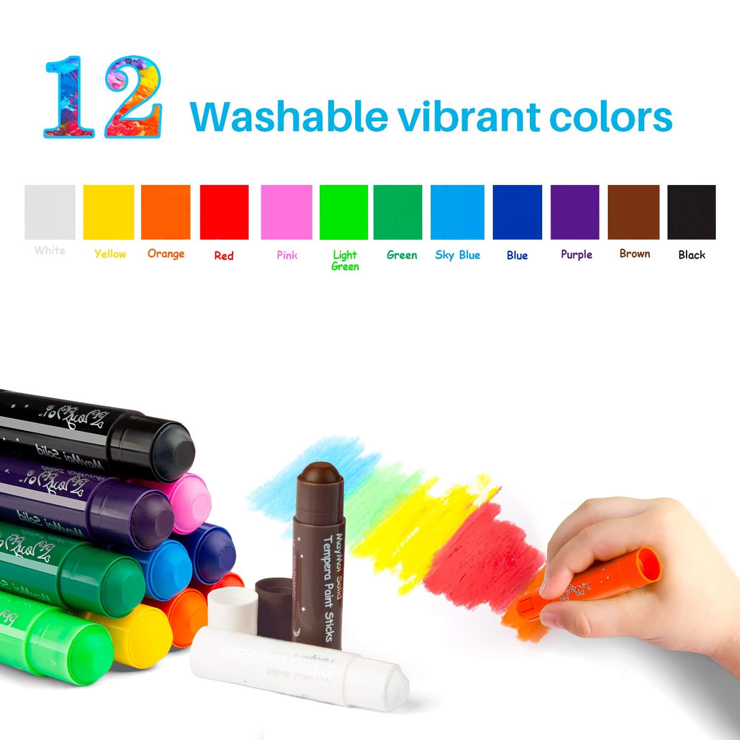 MayMoi Tempera Paint Sticks, Bright Colors Tempera Paint Sticks Quick Drying, Easy to Color and Washable Paint Crayons for Kids and Students (12 Colors)