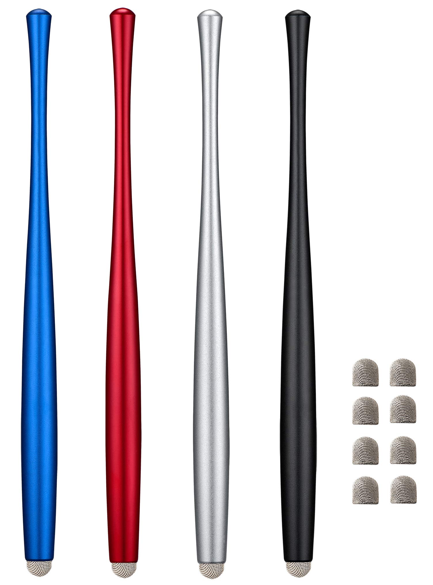 Slim Waist Stylus Pens for Touch Screen, Compatible with iPad, iPhone, Kindle Fire, 8 Extra Replaceable Hybrid Fiber Tips (Black,Silver,Blue, Red)