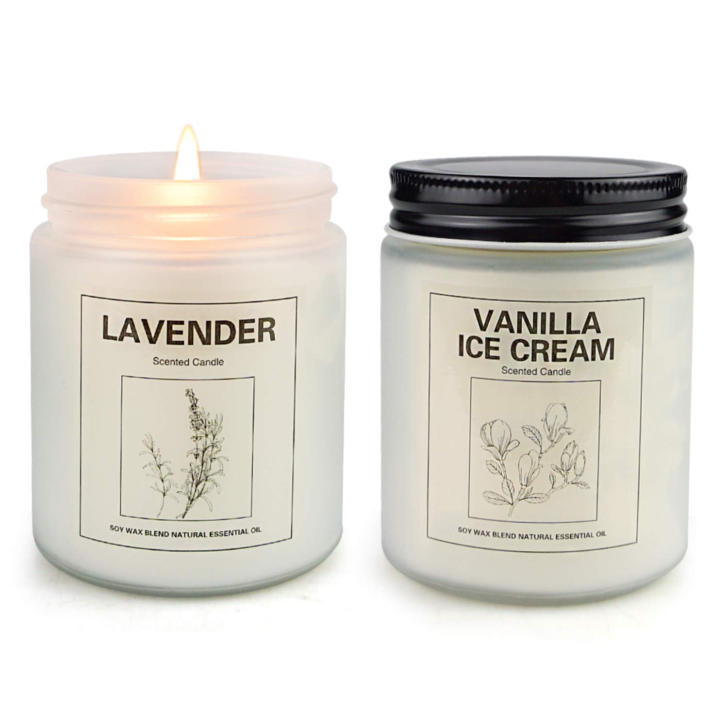 Vanilla Ice Cream and Lavender Candles for Home Scented, Aromatherapy Candle 2 pcs, Soy Wax Candle Set, Gift with Strongly Fragrance Jar Candles