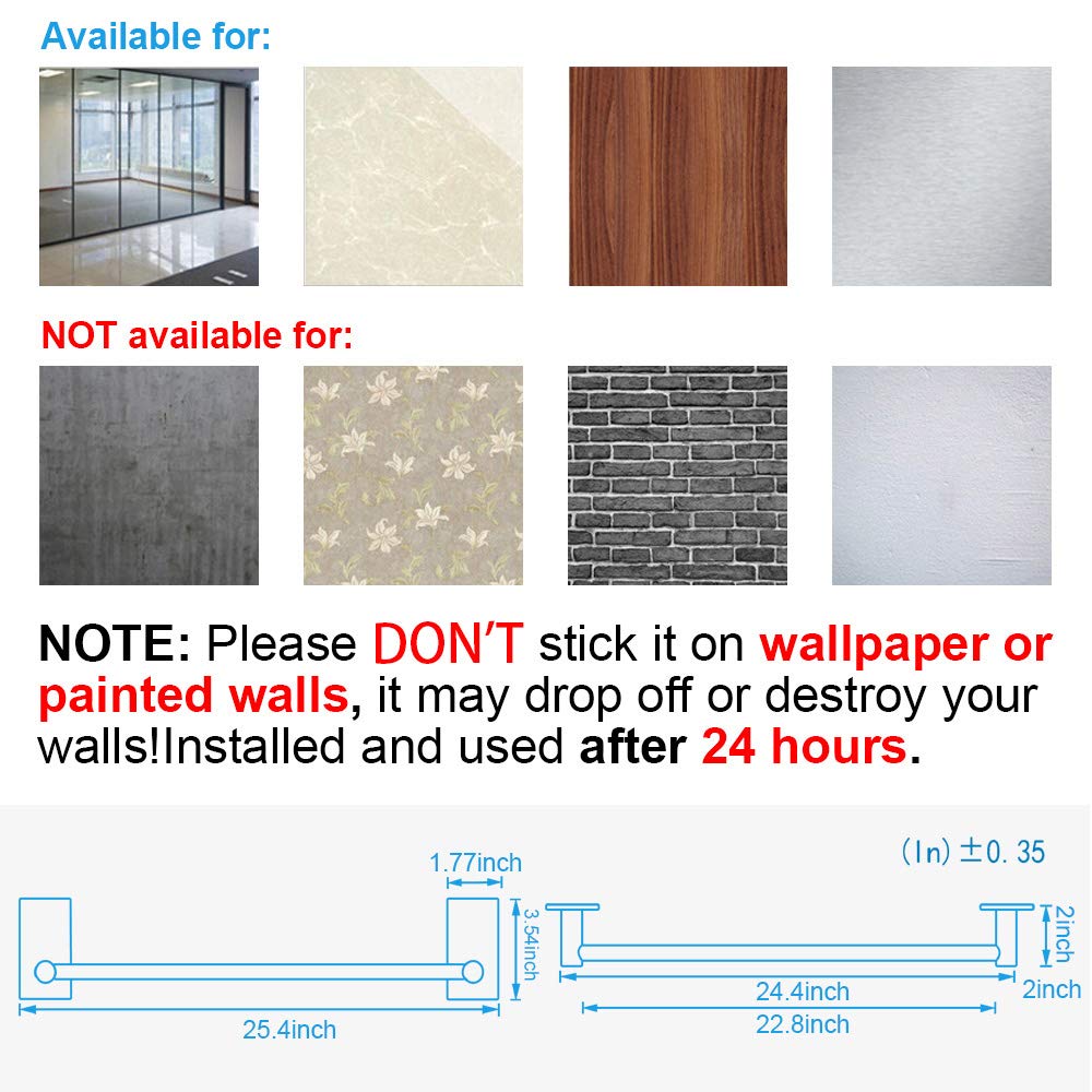 NearMoon Self Adhesive Bathroom Towel Bar- Stainless Steel Bath Wall Shelf Rack Hanging Towel Stick On Sticky Hanger Contemporary Style, NO Drilling (1 Pack, Brushed Nickel, 24-Inch Towel Rack)