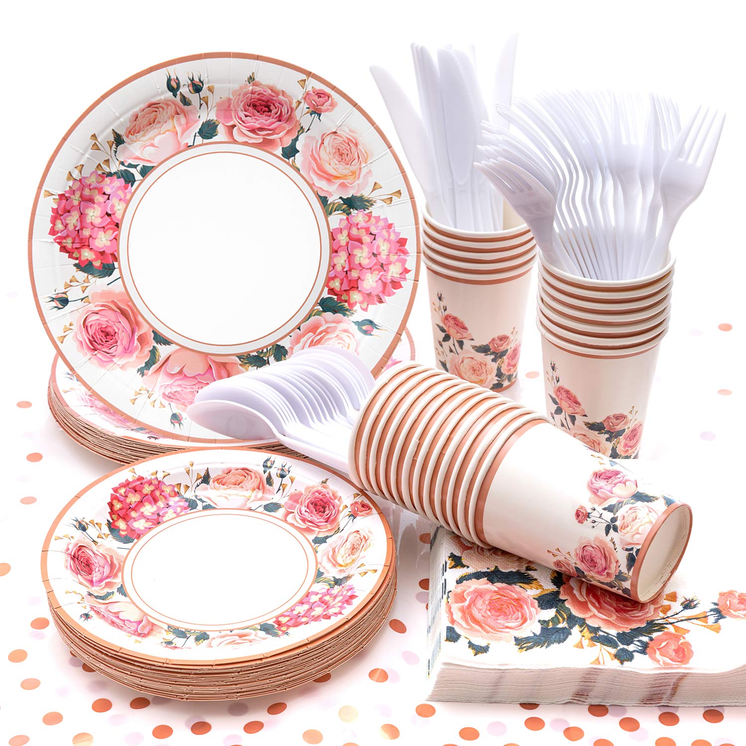 hapray Floral Party Supplies, (Serves 24) Rose Flower Disposable Paper Plates Cups Napkin, Knives Spoons Forks, Tableware Sets for Baby Shower Birthday Bridal Shower Tea Valentines Day Decorations