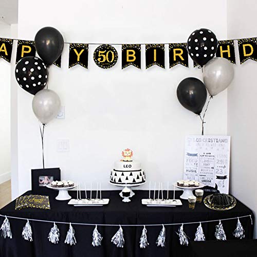 Rainmae 50th Birthday Party Supplies Tableware Set - Serves 16 Guest-Plates, Cups, Napkin, Knife, Spoon, Fork, Table Cloth, Sparkling Banner for 50 Years Old Party Decoration, 50th Wedding Anniversary