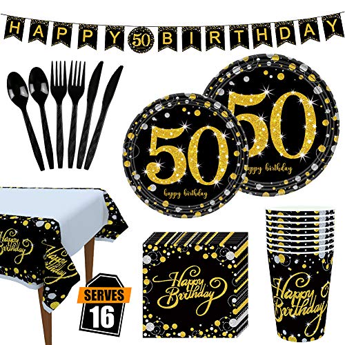 Rainmae 50th Birthday Party Supplies Tableware Set - Serves 16 Guest-Plates, Cups, Napkin, Knife, Spoon, Fork, Table Cloth, Sparkling Banner for 50 Years Old Party Decoration, 50th Wedding Anniversary