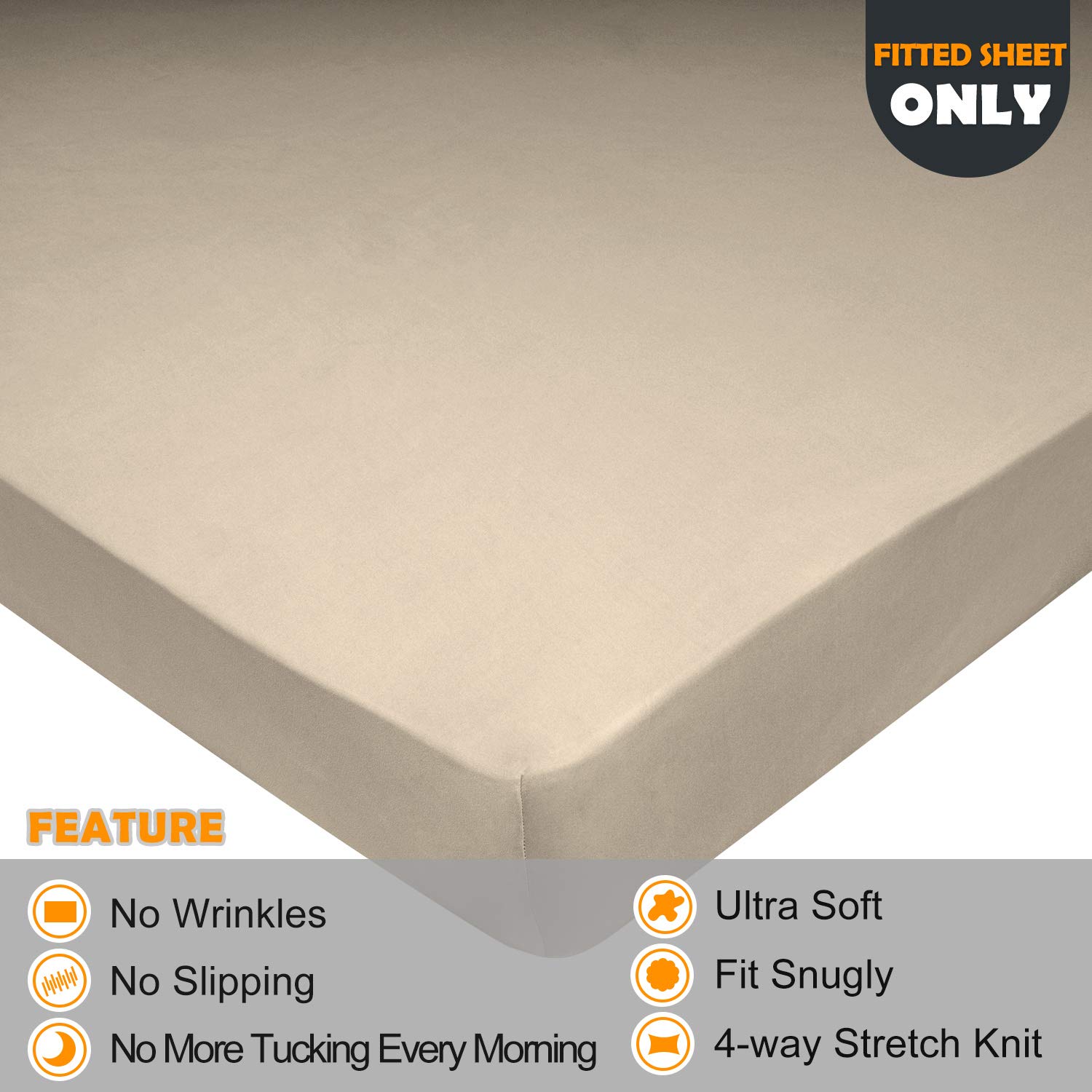 Twin Size Fitted Sheet Only - 4-Way Stretch Knit, Snug Fit, Wrinkle Free & Stay in Place, No More Slipping Off for Mattress, Soft & Comfortable - Taupe, Twin