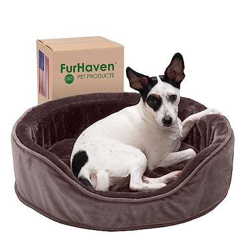 Furhaven Orthopedic Dog Bed for Medium/Small Dogs w/ Removable Washable Cover, For Dogs Up to 18 lbs - Plush & Velvet Oval Lounger - Driftwood Brown, Medium