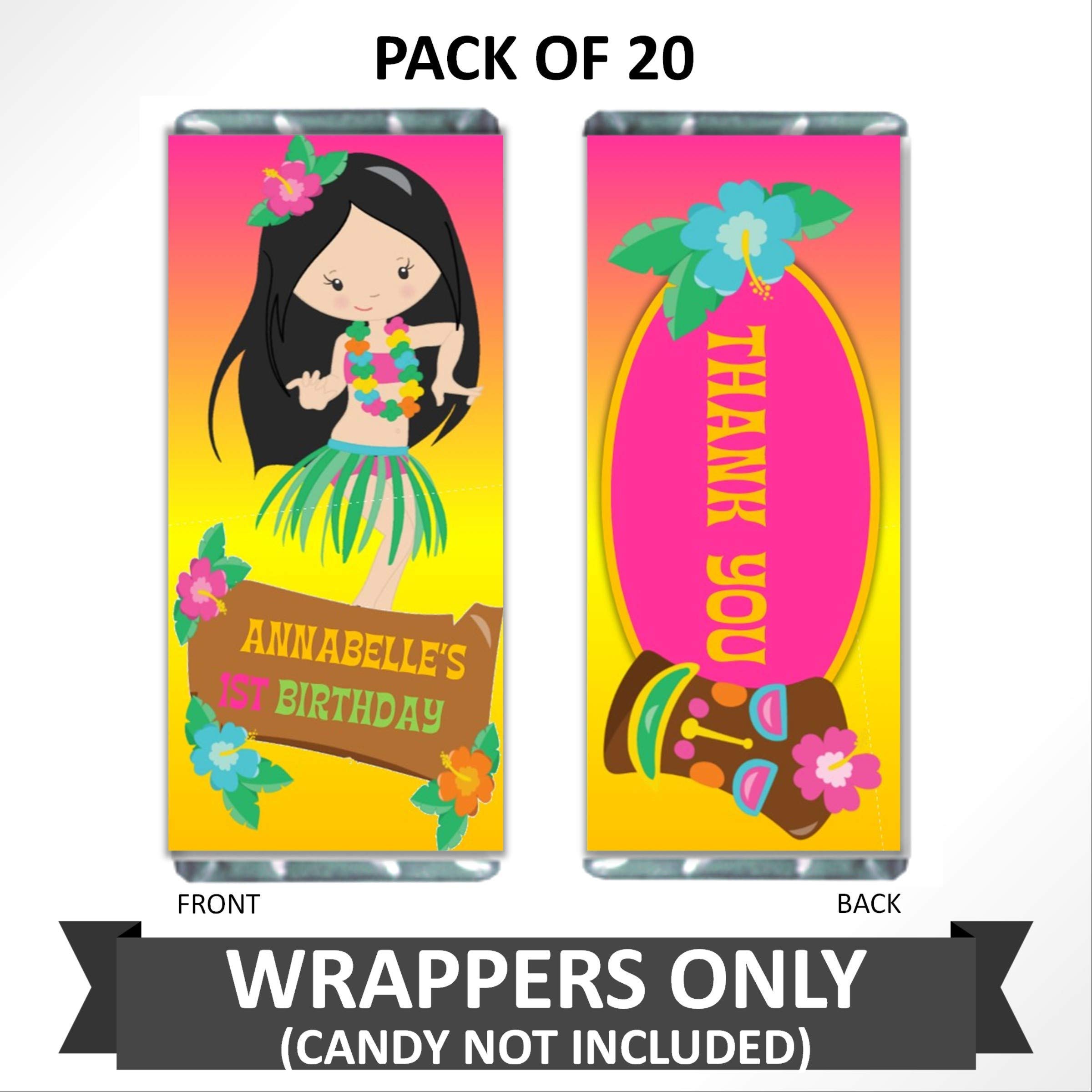Hawaiian Luau Party Favors, Personalized Candy Wrappers, Pack of 20 Custom Chocolate Bar Labels