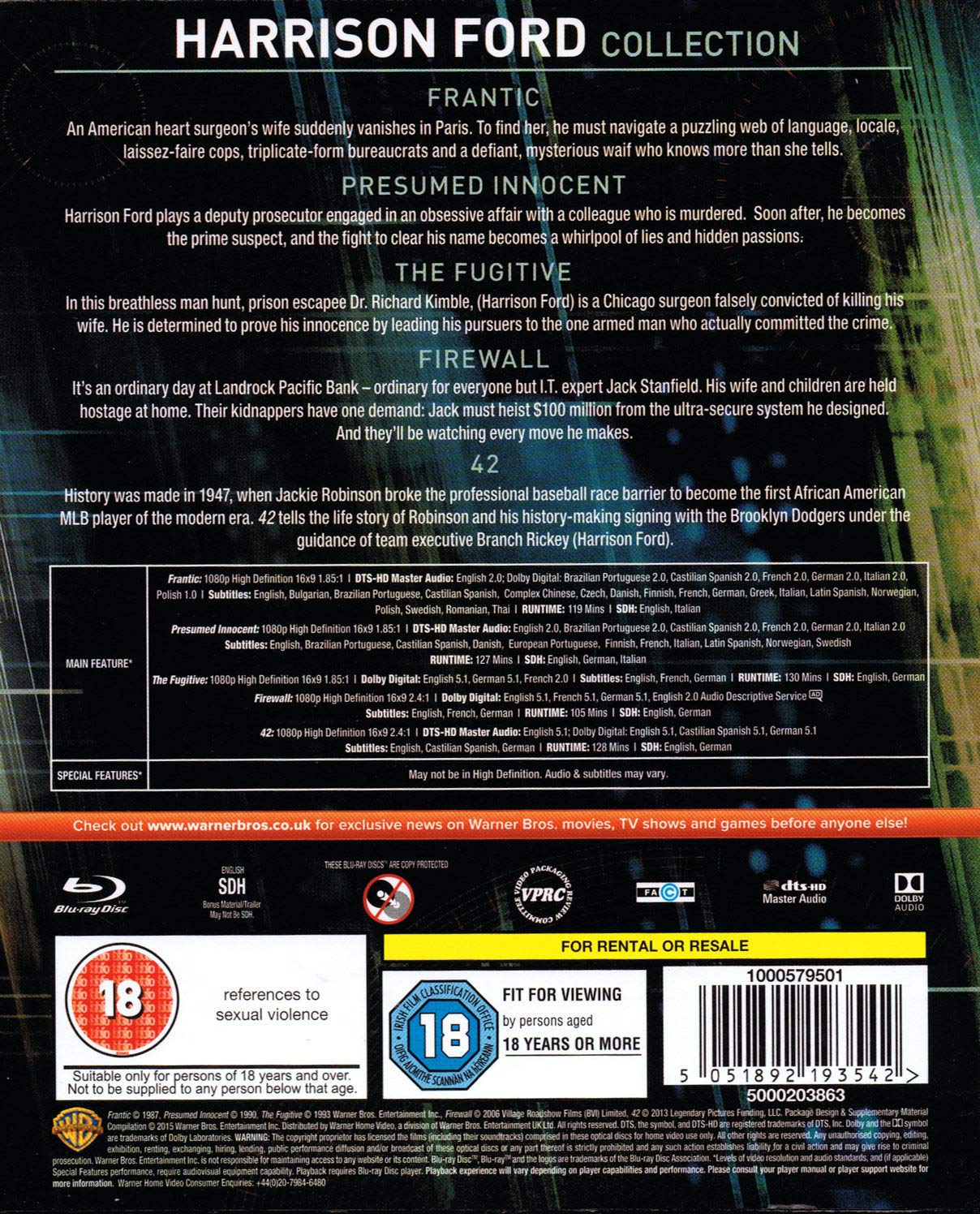 Harrison Ford 5-Film Collection (Frantic / Presumed Innocent / The Fugitive / Firewall / 42)