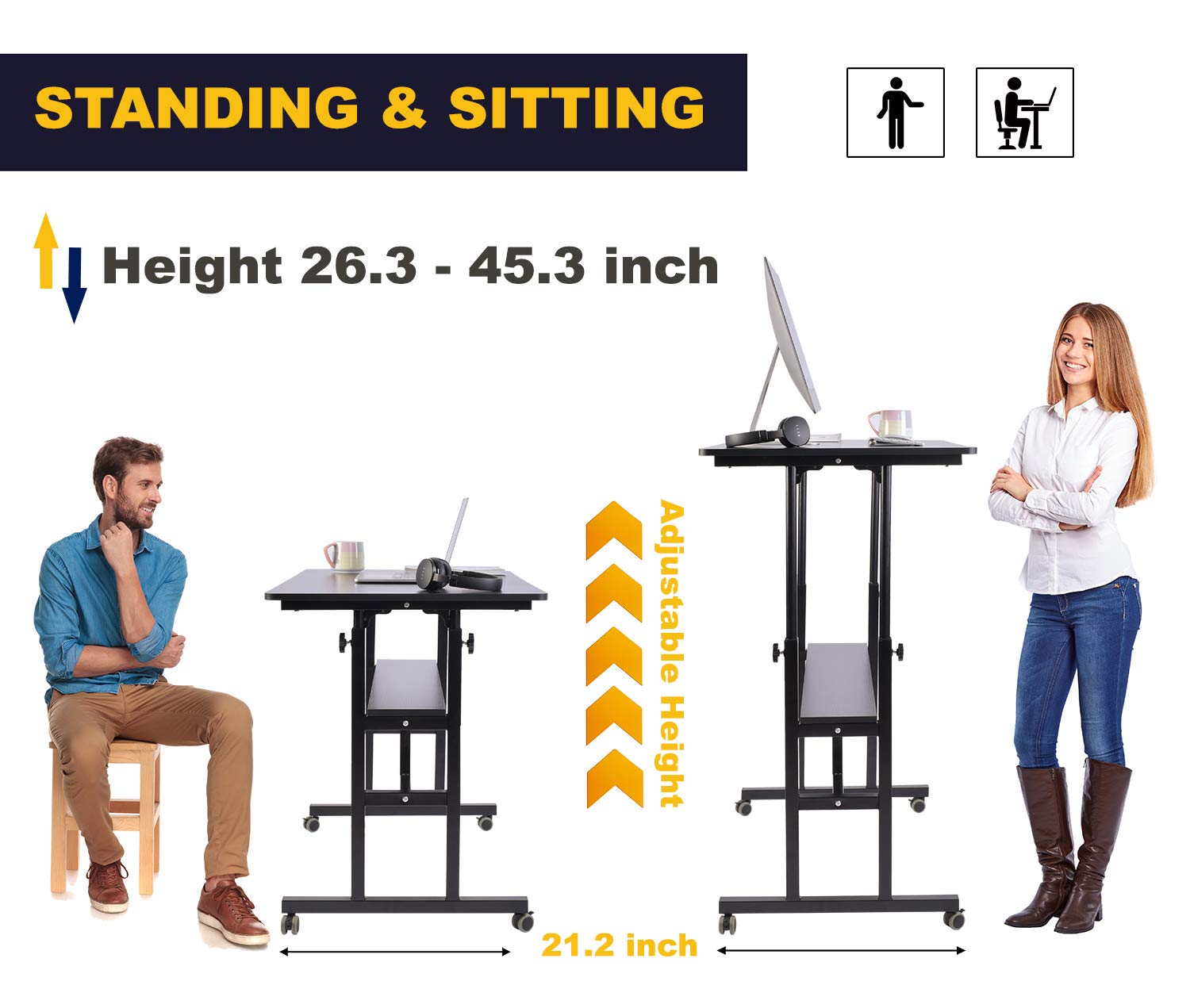 AIZ Mobile Standing Desk, Adjustable Computer Desk Rolling Laptop Cart on Wheels Home Office Computer Workstation, Portable Laptop Stand Tall Table for Standing or Sitting, Black 31.5" x 19.7"