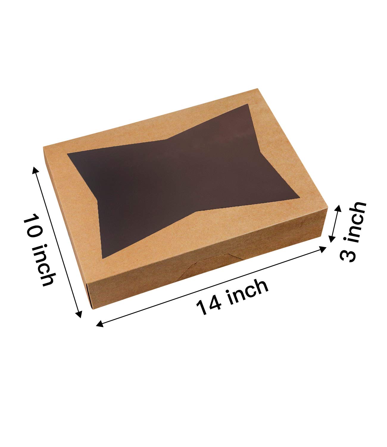 ONE MORE [15-Pack] 14 x10 x 3inch Brown Paperboard Lock Corner Window Bakery Cookie Boxes, Large Container with PVC Windows for Pie and Cookie Box
