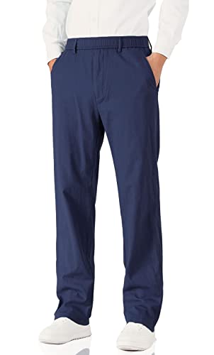Soojun Men's Relaxed Fit Elastic Waist Drawstring Cotton Linen Pants, Navy, 30W x 32L