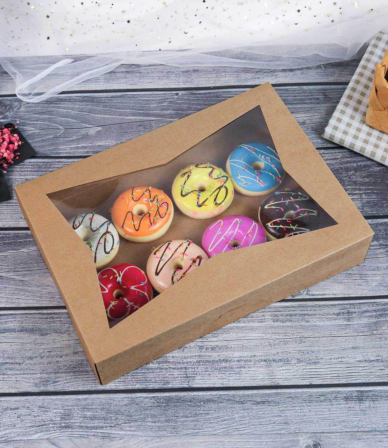 ONE MORE [15-Pack] 14 x10 x 3inch Brown Paperboard Lock Corner Window Bakery Cookie Boxes, Large Container with PVC Windows for Pie and Cookie Box