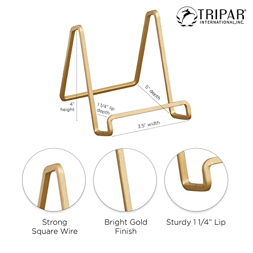 TRIPAR 4 Inch Metal Gold Plated Square Wire Plate Stand Holder Easel Display for Cookbooks, Photos, Picture Frames, & Plates