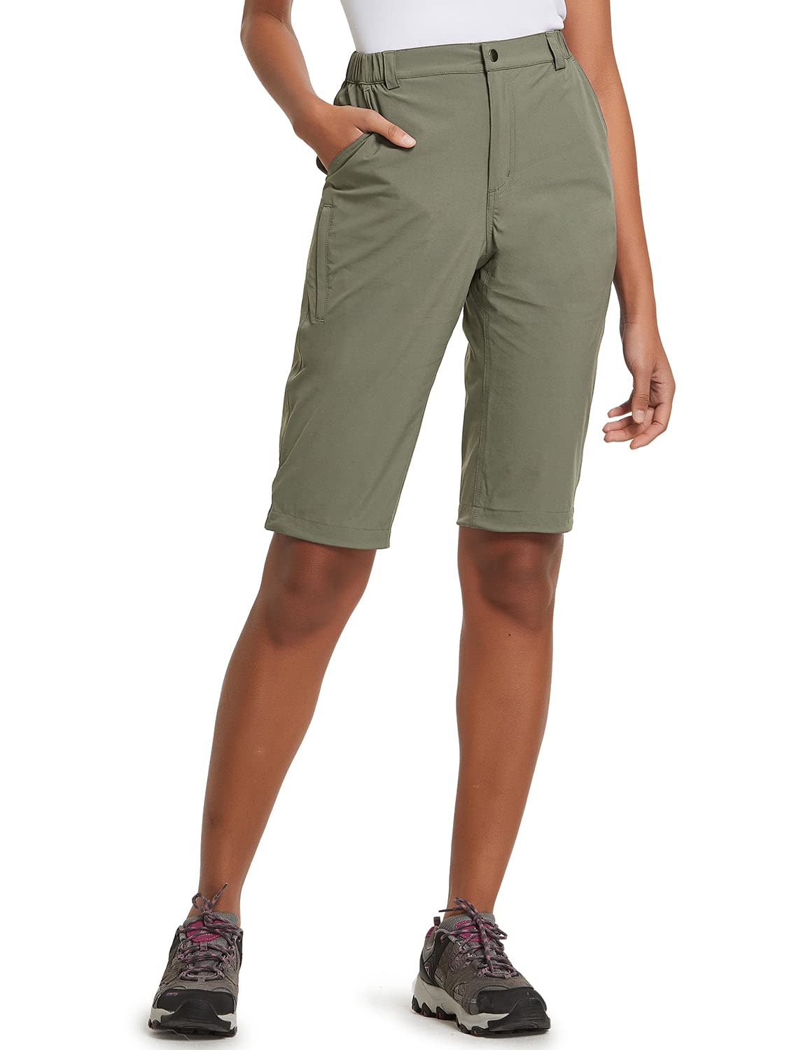 baleaf Women's Hiking Shorts Bermuda Long Knee Length Quick Dry Stretch Elastic Waist for Camping, Travel Sage Green Size XL