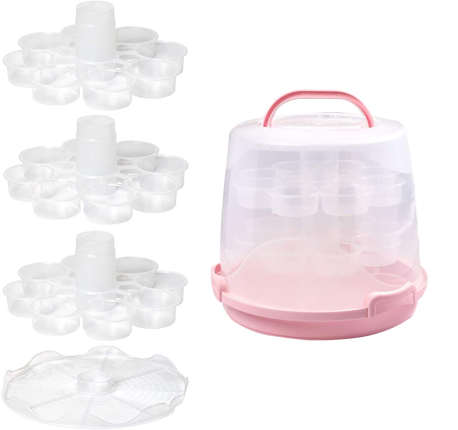 3-Tier Cake Carrier Cupcake Muffin Holder with Collapsible Handles - 11.2", Pink