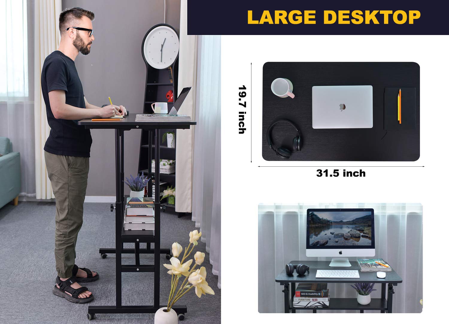AIZ Mobile Standing Desk, Adjustable Computer Desk Rolling Laptop Cart on Wheels Home Office Computer Workstation, Portable Laptop Stand Tall Table for Standing or Sitting, Black 31.5" x 19.7"