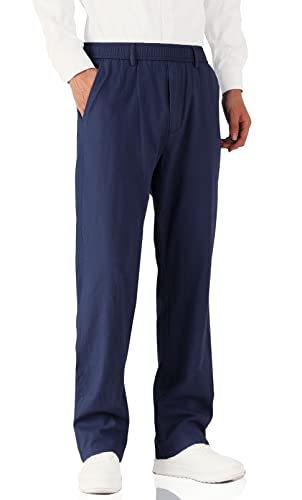 Soojun Men's Relaxed Fit Elastic Waist Drawstring Cotton Linen Pants, Navy, 30W x 32L