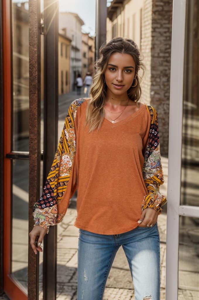 Beyove Boho Clothes for Women Bohemian Shirt Casual Blouses for Women Plus Size Brown XL