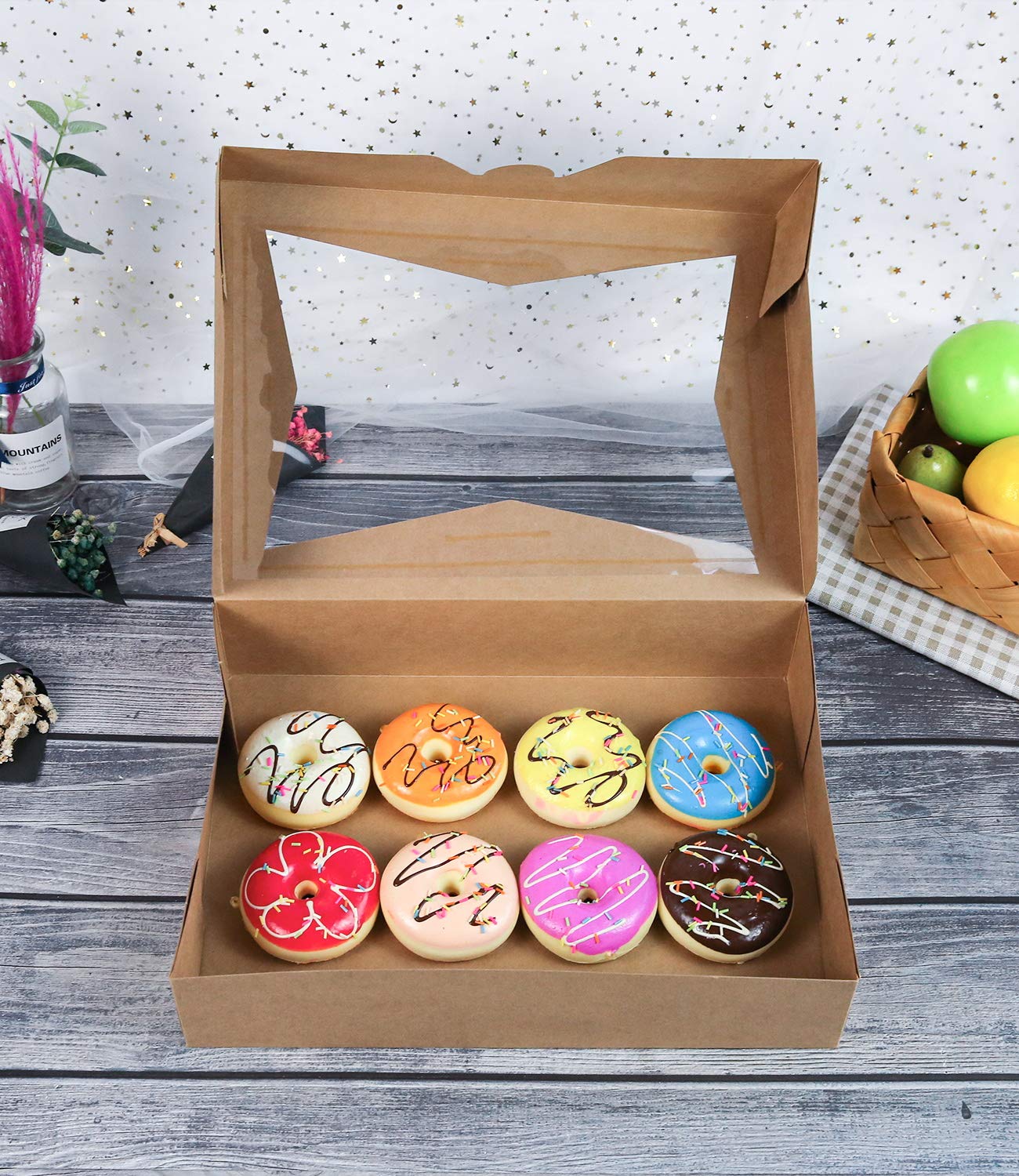 ONE MORE [15-Pack] 14 x10 x 3inch Brown Paperboard Lock Corner Window Bakery Cookie Boxes, Large Container with PVC Windows for Pie and Cookie Box