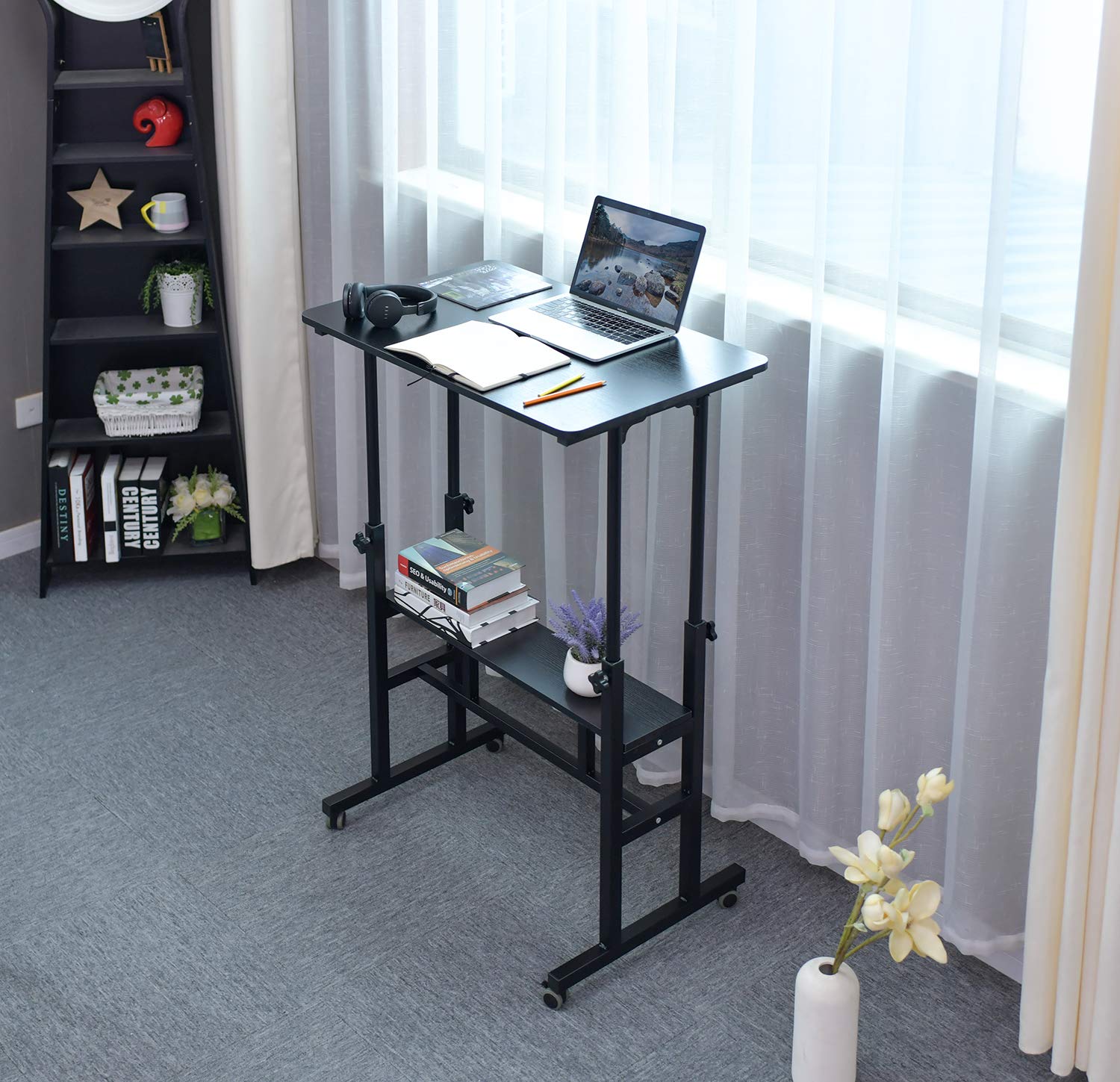 AIZ Mobile Standing Desk, Adjustable Computer Desk Rolling Laptop Cart on Wheels Home Office Computer Workstation, Portable Laptop Stand Tall Table for Standing or Sitting, Black 31.5" x 19.7"