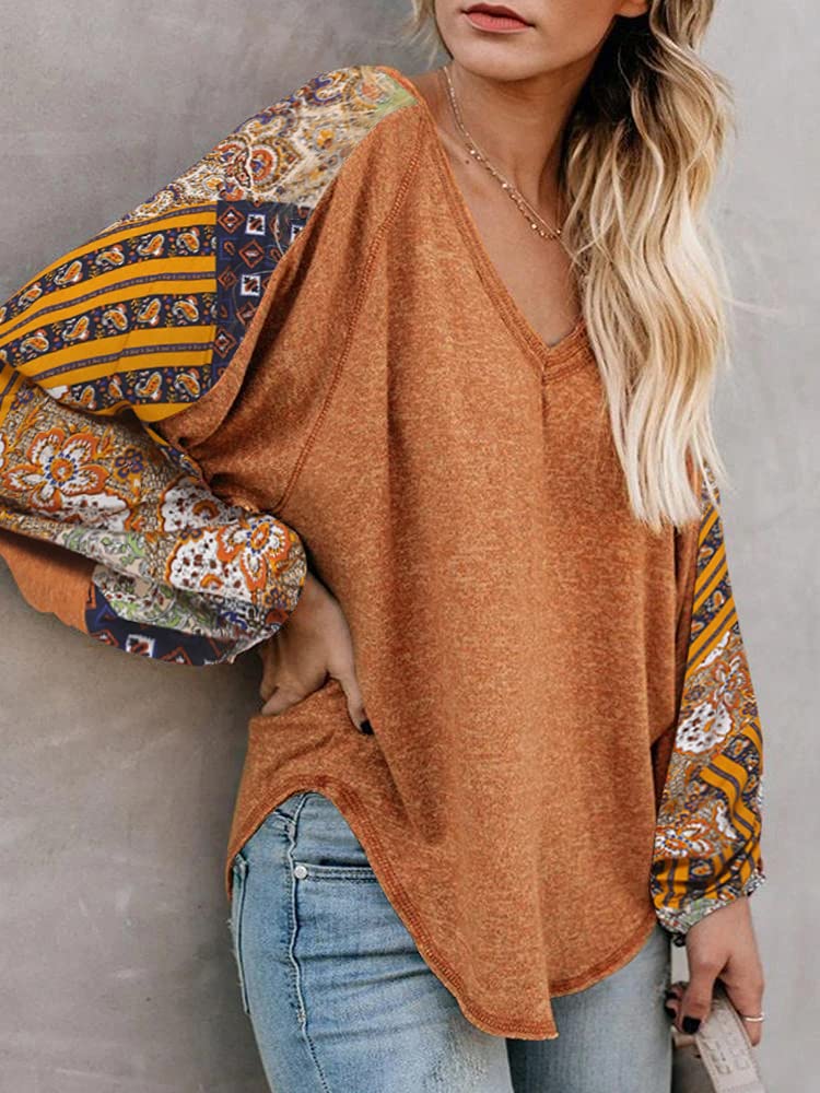 Beyove Boho Clothes for Women Bohemian Shirt Casual Blouses for Women Plus Size Brown XL