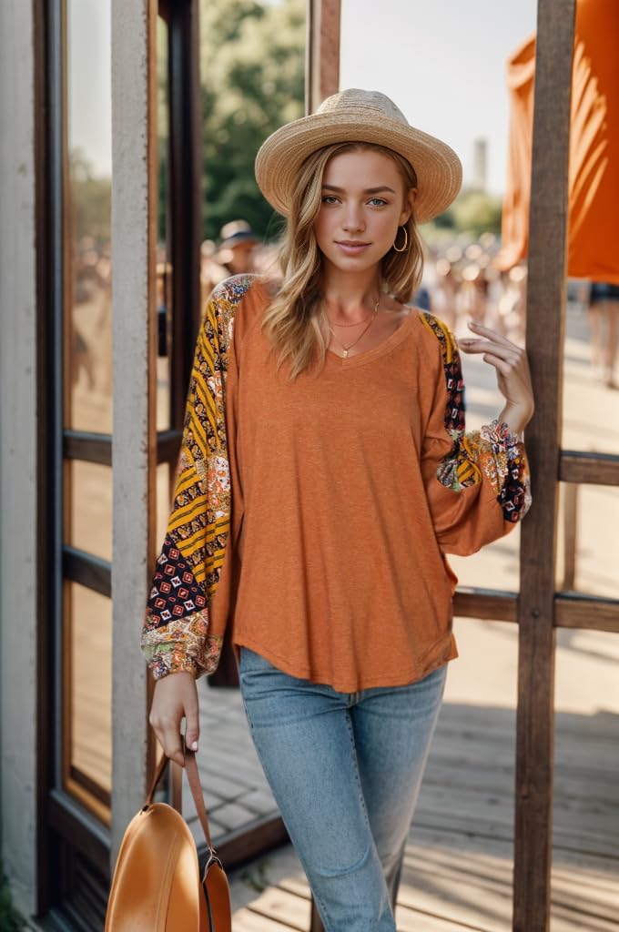 Beyove Boho Clothes for Women Bohemian Shirt Casual Blouses for Women Plus Size Brown XL