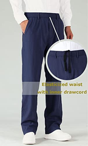 Soojun Men's Relaxed Fit Elastic Waist Drawstring Cotton Linen Pants, Navy, 30W x 32L